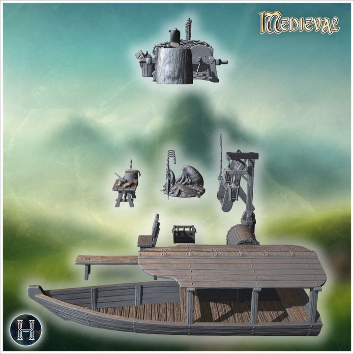 3D Printable Collection of medieval items including boat, tools ...