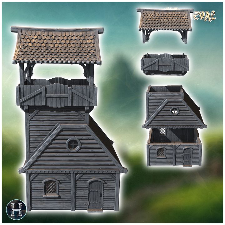 3D Printable Wooden watchtower with a small house at its base ...