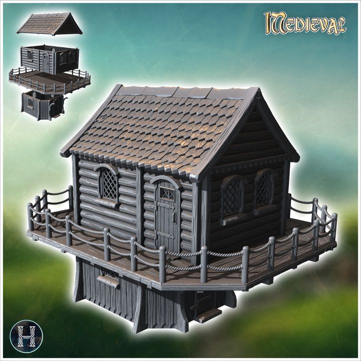 3D Printable Wooden house on a platform, featuring a wraparound railing ...