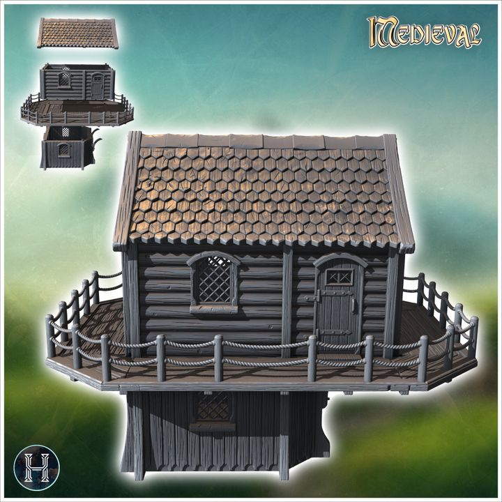 3D Printable Wooden house on a platform, featuring a wraparound railing ...