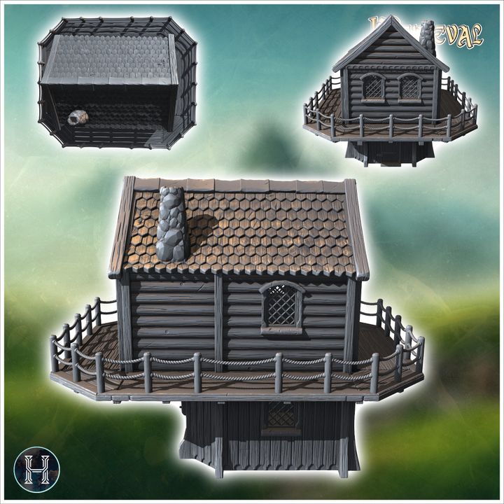 3D Printable Wooden house on a platform, featuring a wraparound railing ...