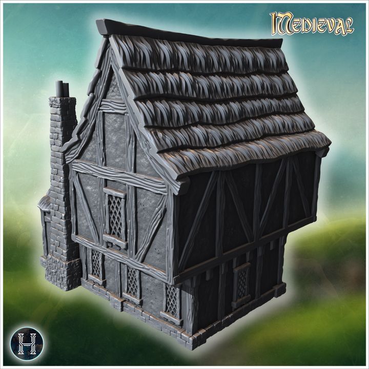 3D Printable Half-timbered medieval house with thatched roof, stone ...