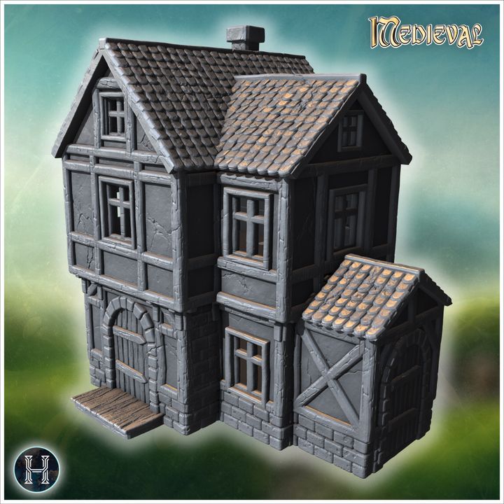 3D Printable Three-story medieval house with wooden beams, decorative ...