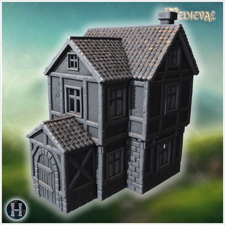 3D Printable Three-story medieval house with wooden beams, decorative ...