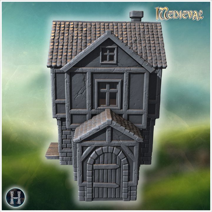 3D Printable Three-story medieval house with wooden beams, decorative ...