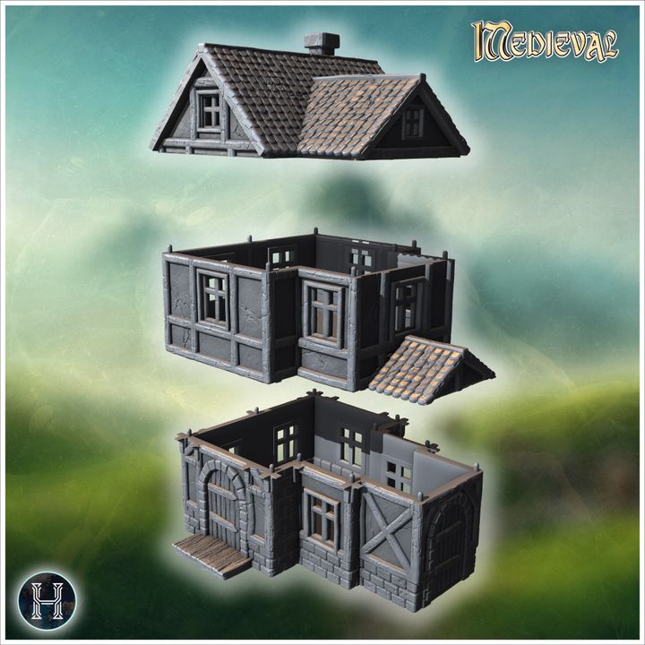 3D Printable Three-story medieval house with wooden beams, decorative ...