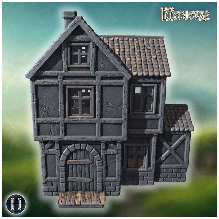 3D Printable Three-story medieval house with wooden beams, decorative ...
