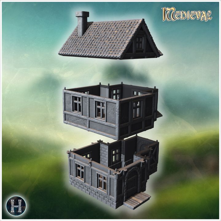 3D Printable Three-story medieval house with wooden beams, decorative ...