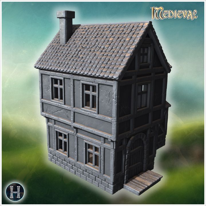 3D Printable Three-story medieval house with wooden beams, decorative ...