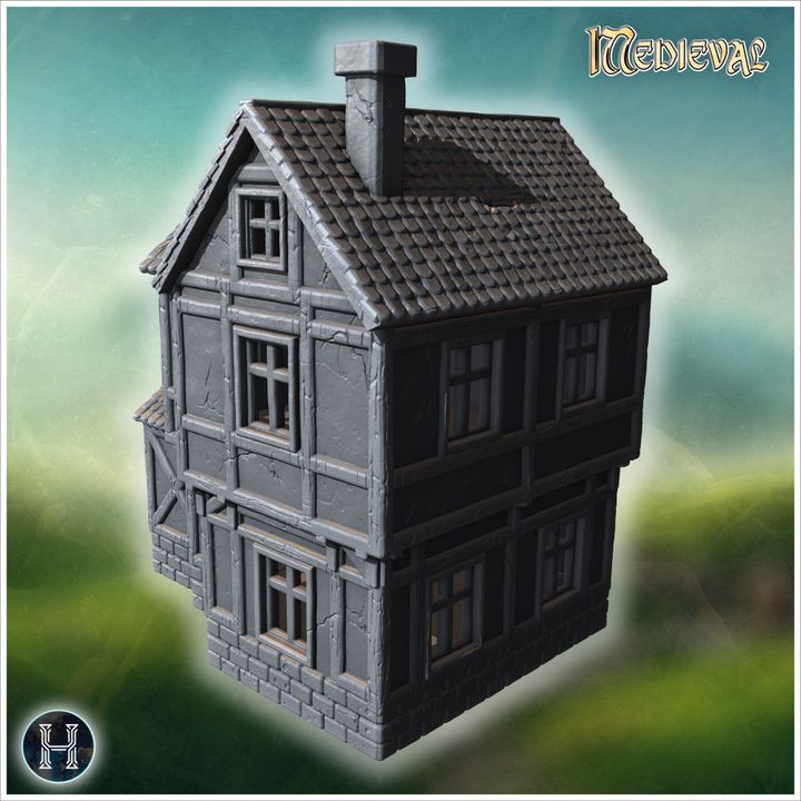 3D Printable Three-story medieval house with wooden beams, decorative ...
