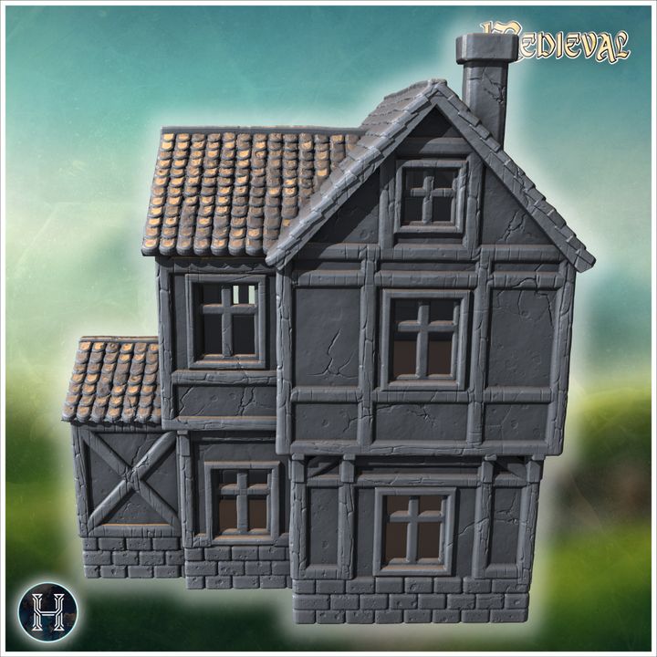 3D Printable Three-story medieval house with wooden beams, decorative ...