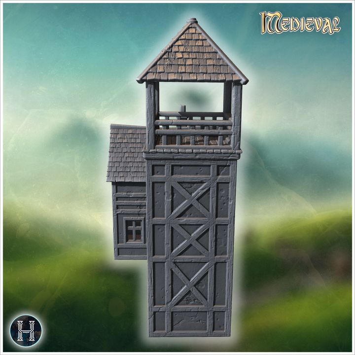 3D Printable Medieval house with tall watchtower, half-timbered walls ...