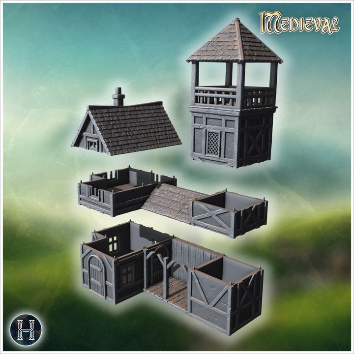 3D Printable Medieval house with tall watchtower, half-timbered walls ...