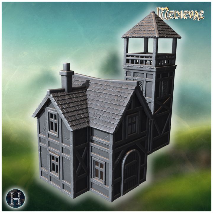 3D Printable Medieval house with tall watchtower, half-timbered walls ...