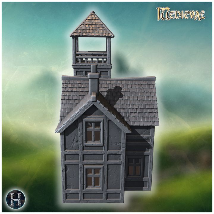 3D Printable Medieval house with tall watchtower, half-timbered walls ...