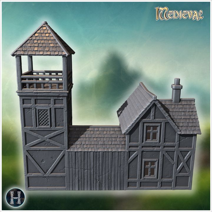 3D Printable Medieval house with tall watchtower, half-timbered walls ...