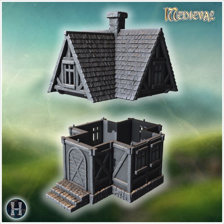 3D Printable Rustic medieval house with stone walls, wooden beams ...