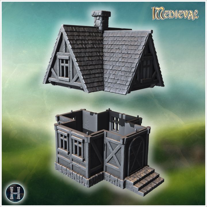 3D Printable Rustic medieval house with stone walls, wooden beams ...