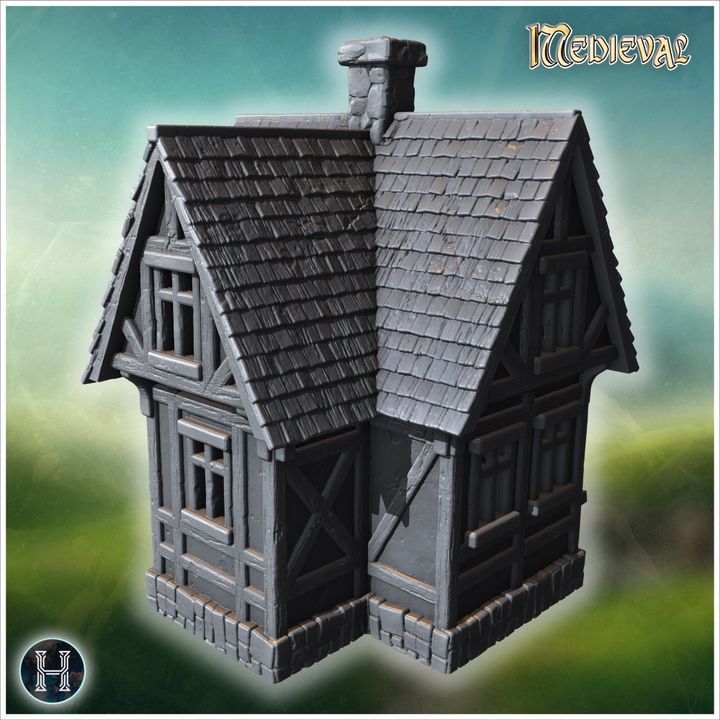 3D Printable Rustic medieval house with stone walls, wooden beams ...