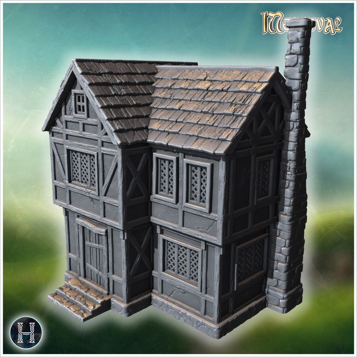 3D Printable Large medieval house with wooden reinforcements, stone ...