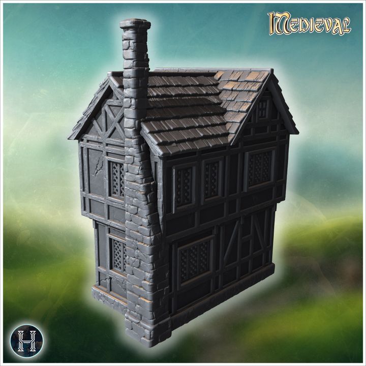 3D Printable Large medieval house with wooden reinforcements, stone ...