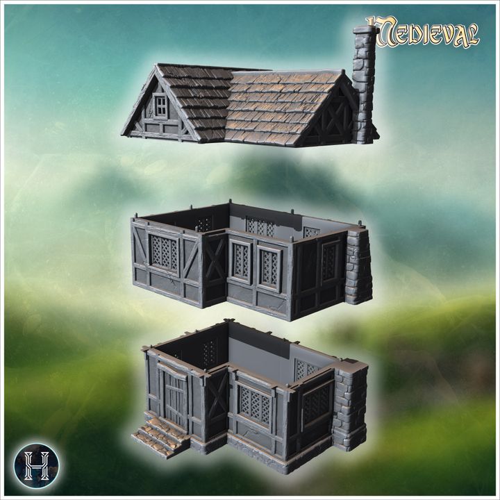 3D Printable Large medieval house with wooden reinforcements, stone ...