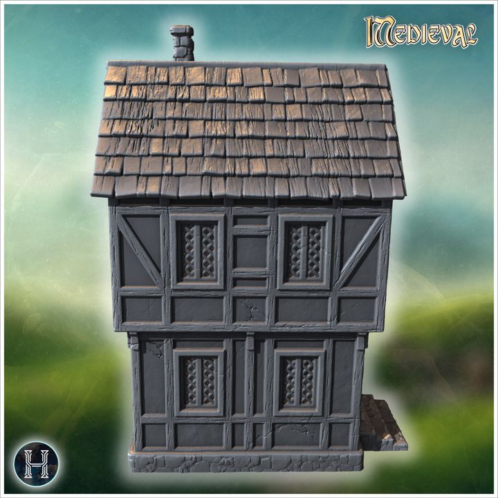 3D Printable Large medieval house with wooden reinforcements, stone ...