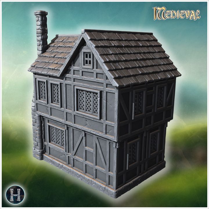 3D Printable Large medieval house with wooden reinforcements, stone ...