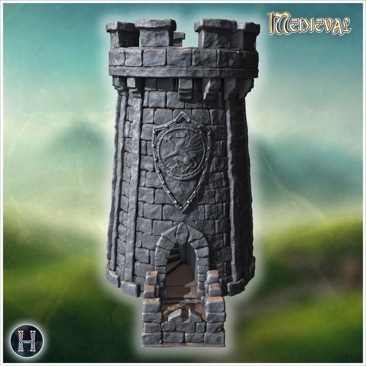 3D Printable Medieval round tower with crenelated walls, arched ...