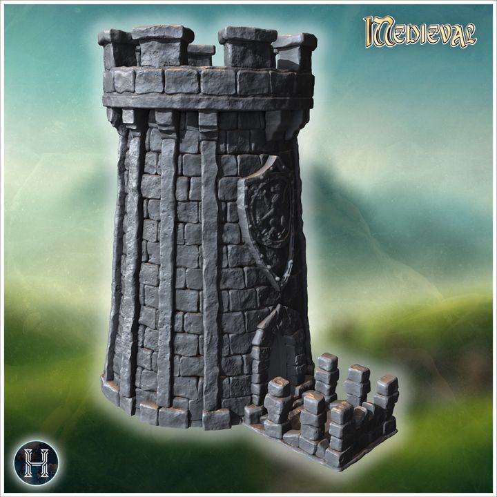 3D Printable Medieval round tower with crenelated walls, arched ...