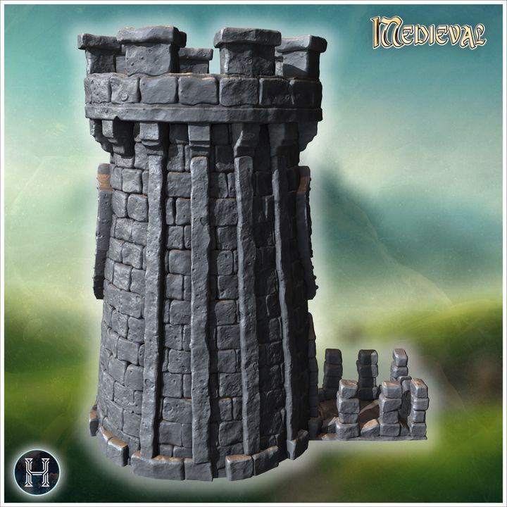 3D Printable Medieval round tower with crenelated walls, arched ...