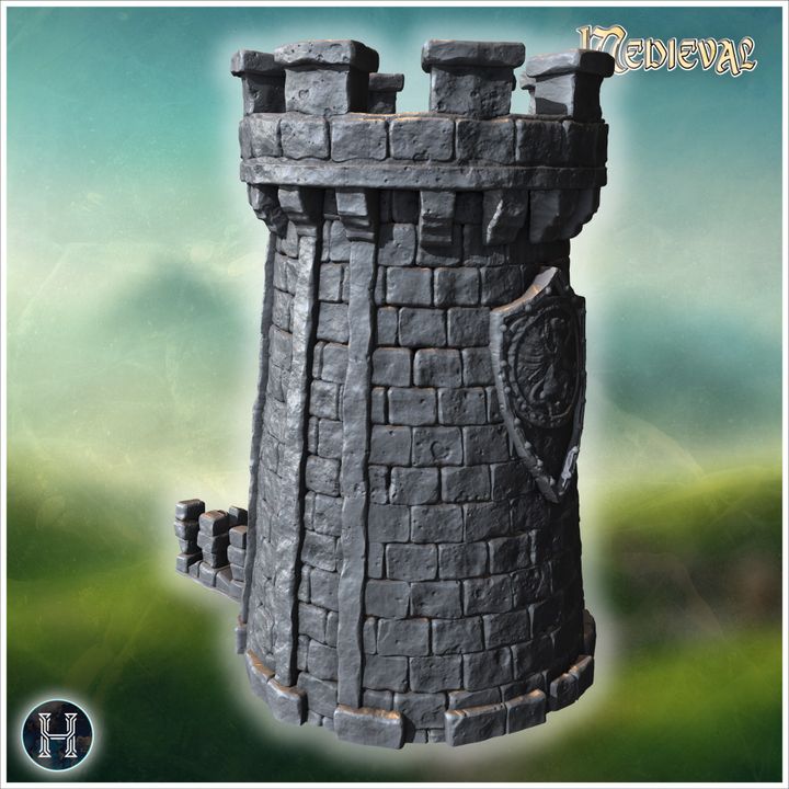 3D Printable Medieval round tower with crenelated walls, arched ...