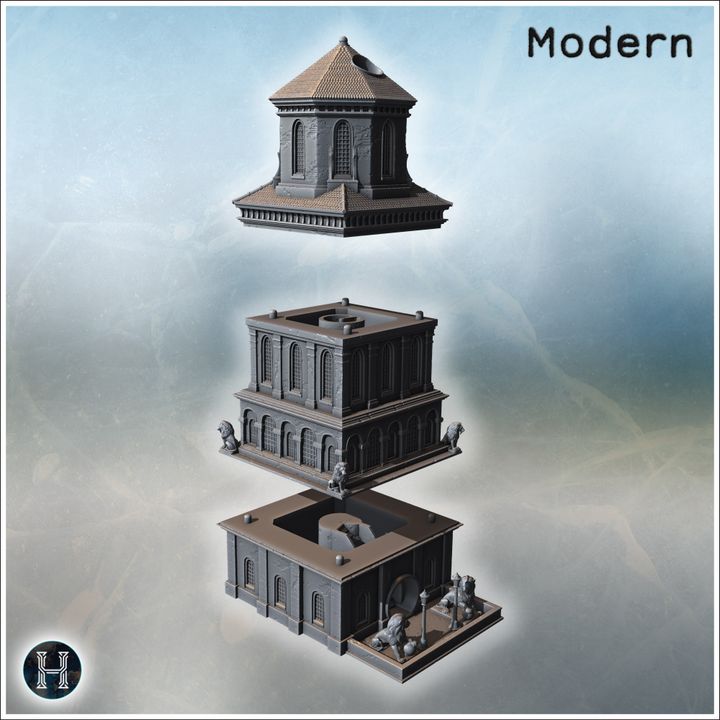 3D Printable Grand neoclassical tower with arched windows, lion statues ...