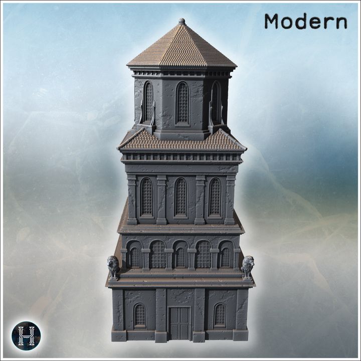3D Printable Grand neoclassical tower with arched windows, lion statues ...