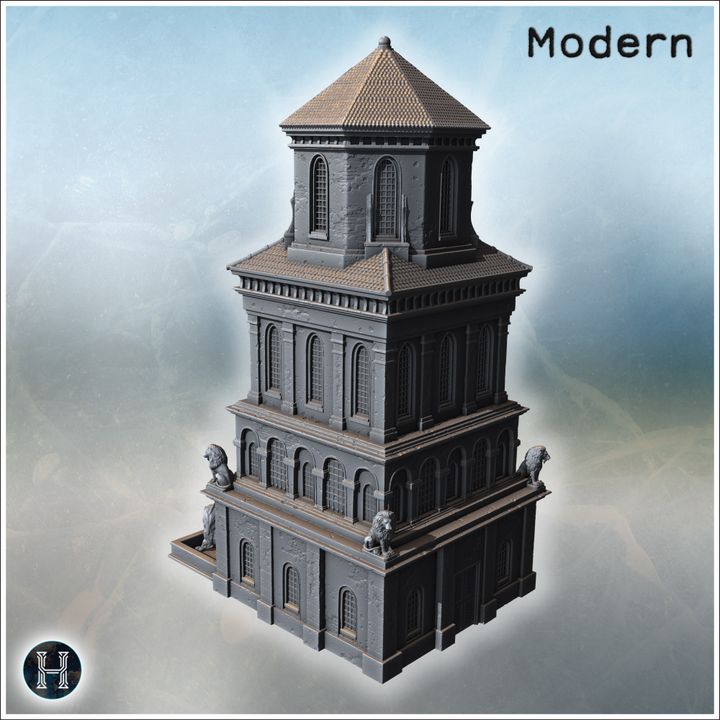 3D Printable Grand neoclassical tower with arched windows, lion statues ...