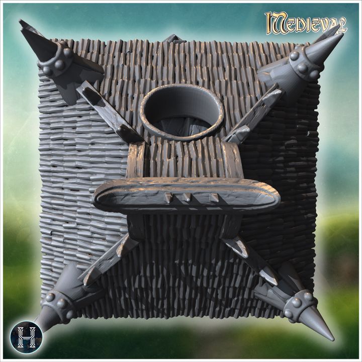 3D Printable Tall wooden fortress tower with spiked decorations, arched ...