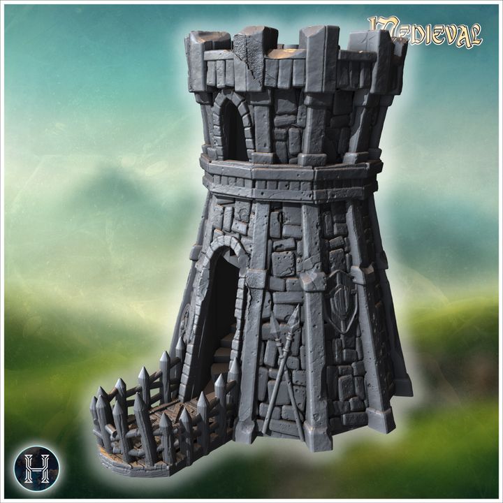 3D Printable Stone watchtower with fortified gate, wooden palisade, and ...
