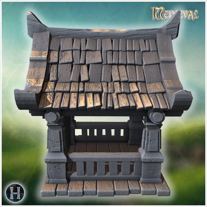 3D Printable Small wooden shrine with curved tiled roof, decorative ...