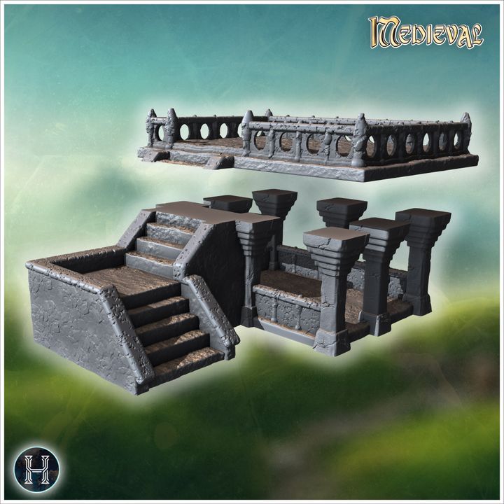 3D Printable Ancient stone terrace with wide staircases, engraved ...
