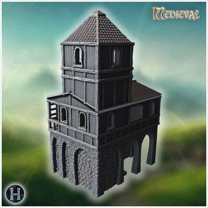 3D Printable Large half-timbered house with a stone base, tiled roof ...