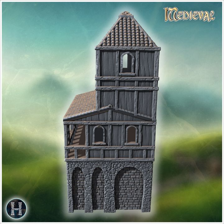 3D Printable Large half-timbered house with a stone base, tiled roof ...