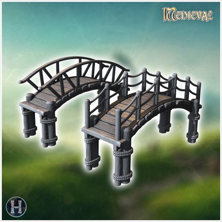 3D Printable Two wooden bridges with rope railings and curved planks on ...
