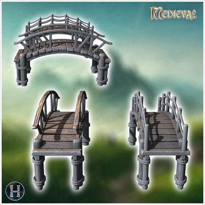 3D Printable Two wooden bridges with rope railings and curved planks on ...