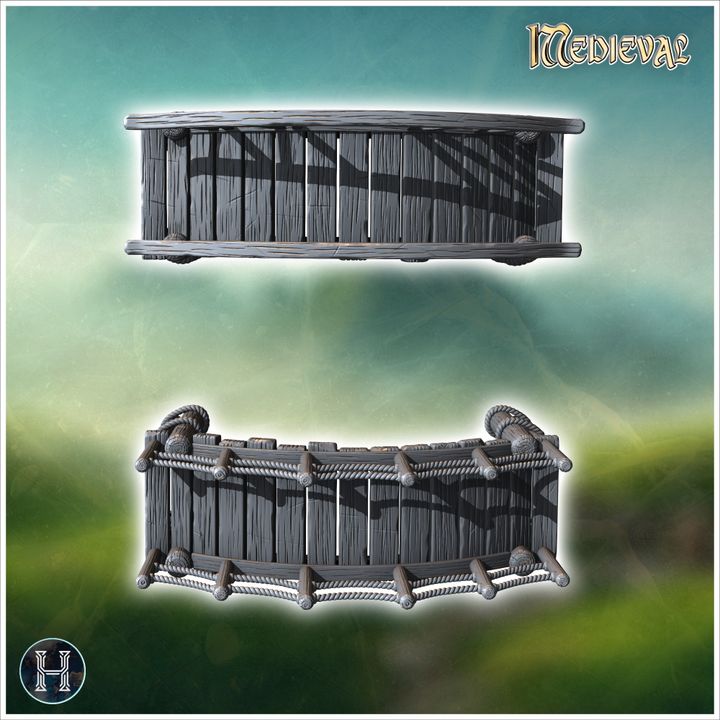 3D Printable Two wooden bridges with rope railings and curved planks on ...