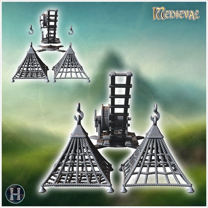 3D Printable Wooden crane with two hanging triangular rope nets ...