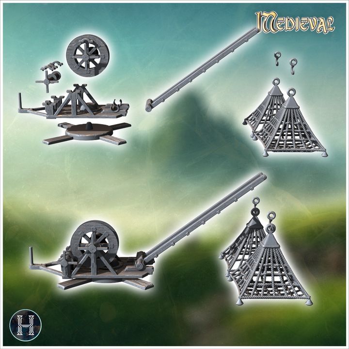 3D Printable Wooden crane with two hanging triangular rope nets ...