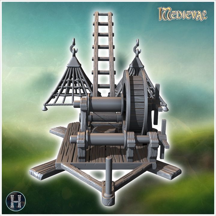 3D Printable Wooden crane with two hanging triangular rope nets ...