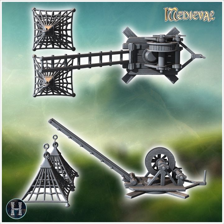 3D Printable Wooden crane with two hanging triangular rope nets ...