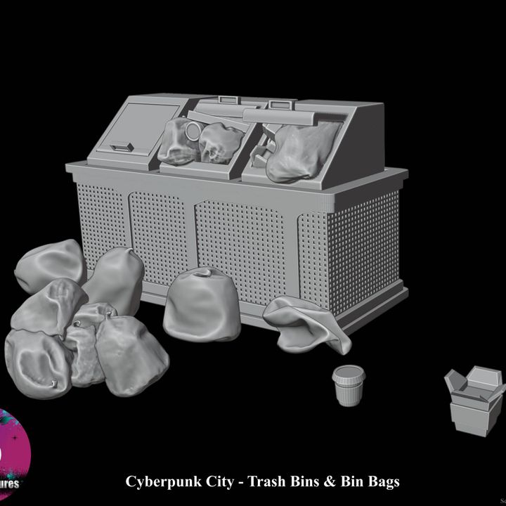 3D Printable Cyberpunk City - Trash Bins & Bin Bags by Sloth Miniatures