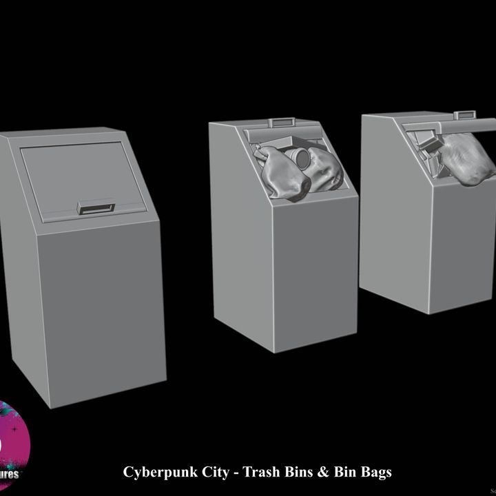 3D Printable Cyberpunk City - Trash Bins & Bin Bags by Sloth Miniatures